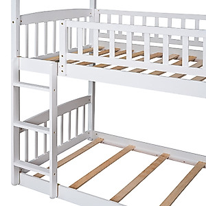 Harper & Bright Designs Kids House Bunk Beds with Slide, Wooden Twin Over Twin Bunk Bed Frame with Ladder, Guardrails, Bunk House Bed for Kids, Teens, No Box Spring Needed