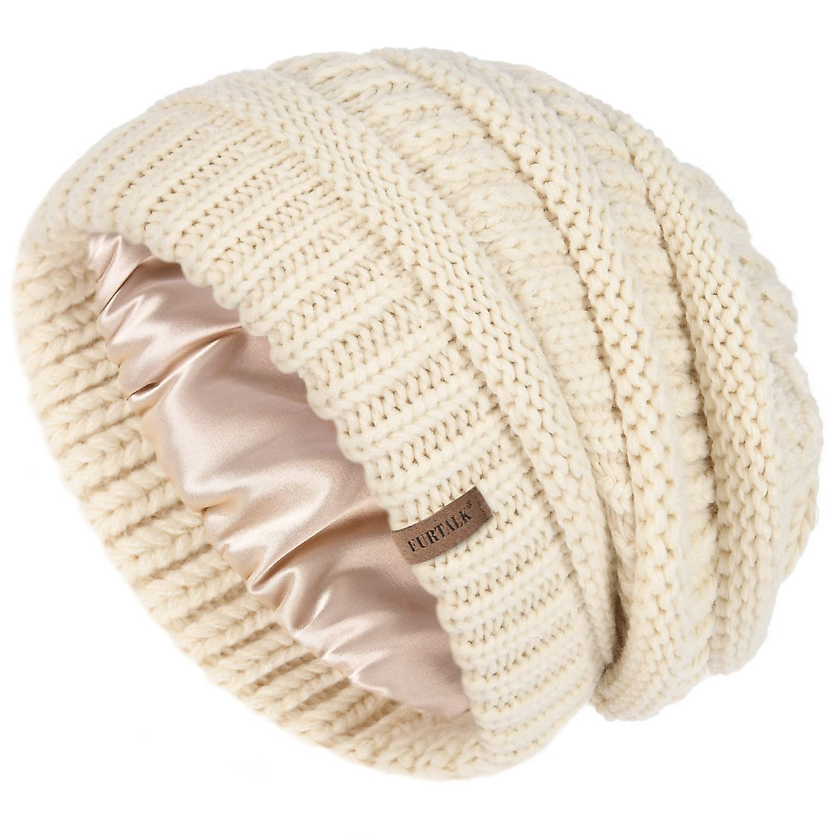 FURTALK Winter Beanie for Women Satin Lined Warm Knit Skull Slouch Beanie Hat (Beige-Satin Lining, One Size)