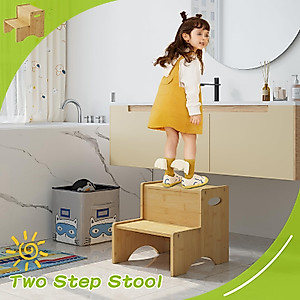 BMOSU Two Step Stool for Kids Bathroom Potty Stool Kitchen Stool Toddler with Handles Stool Dual Height for Bathroom Study Kitchen (Natural)