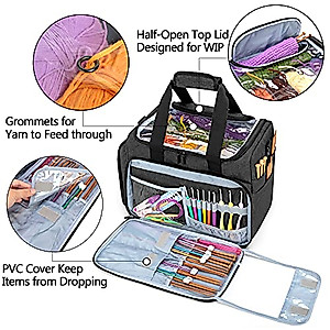 Teamoy Yarn Storage Bag, Travel Knitting Tote Bag with Foldable Inner Dividers for WIP, Yarn Skeins and Knitting Accessories, Black