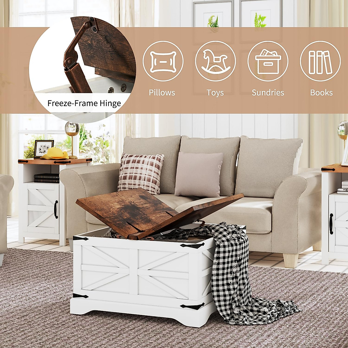 oneinmil Modern Farmhouse Coffee Table, Square Wood Center Table with Large Storage Space, Metal Corners, Z Shape, White