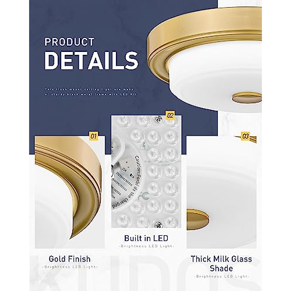 kudos LED Light Fixtures, 12 Inch Gold Flush Mount Ceiling Light Fixture and Brushed Gold Vanity Lights for Mirror, KDCL06-GD, KDVL04-GD-3