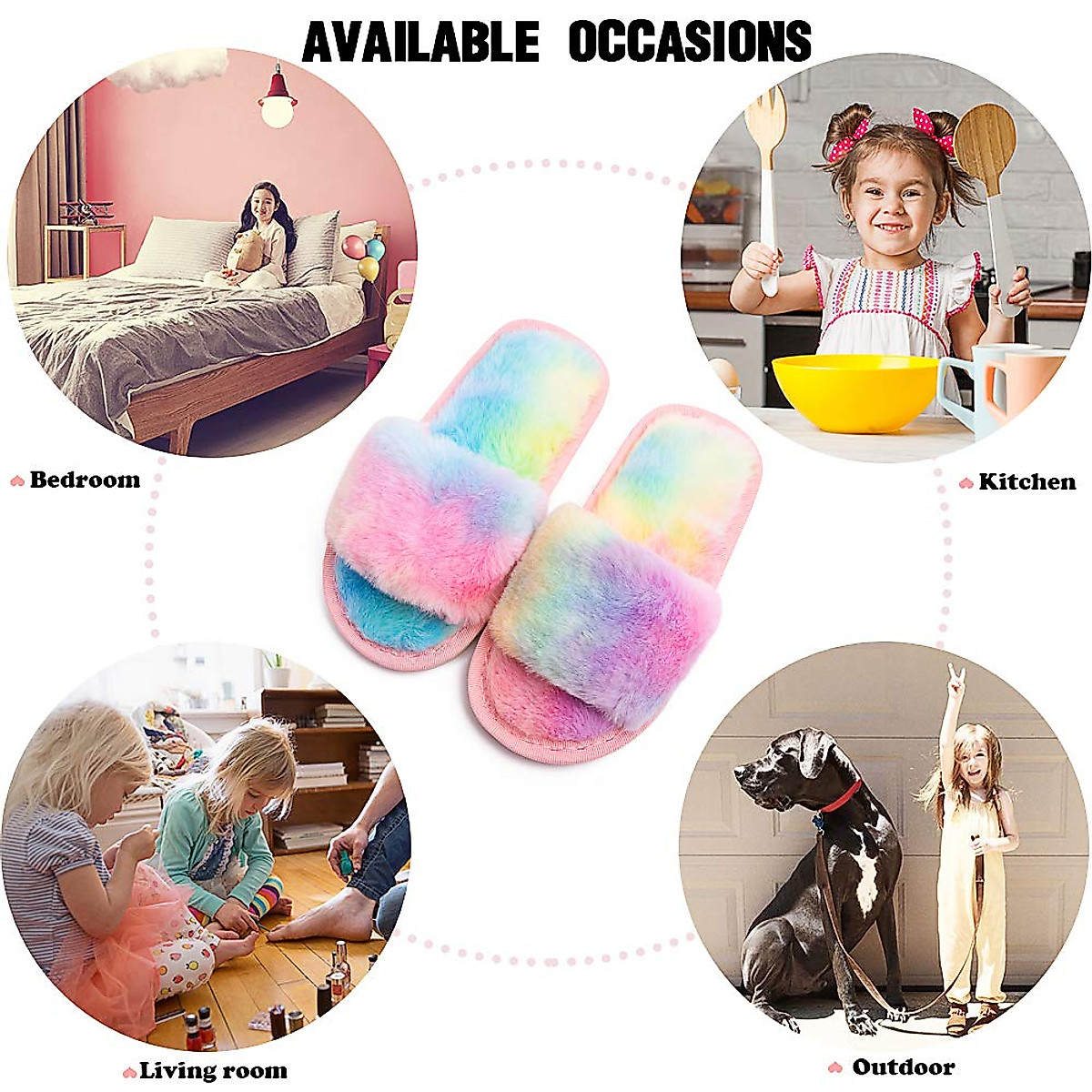 techcity Boys Girls Fuzzy House Slippers Cute Comfy Faux Fur Slip On Fluffy Plush Open Toe Home Slides for Kids Indoor Outdoor Warm Shoes (Rainbow, numeric_10)