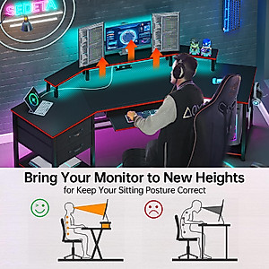 SEDETA 79" Gaming Desk, Computer Desk with 2 Fabric Drawers & LED Light, L Shaped Gaming Desk with Storage Shelf for Home Office, Carbon Fiber Black&Red