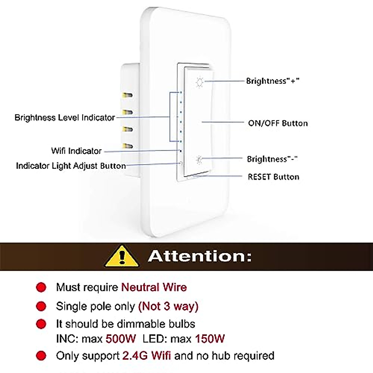 Lesim Smart Wi-Fi Dimmer Switch 2Gang Compatible with Alexa and Google Assistant, Single Pole, Needs Neutral Wire