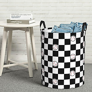 Gbuzozie Black And White Checkered Baseball Pattern Round Laundry Hamper Storage Basket Toys Clothes Organizer Bin For Home Bathroom Bedroom Dorm Nursery, 62l