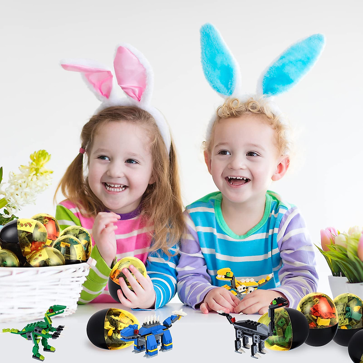 6pcs Easter Eggs Filled with Toys Dinosaur Building Blocks, Easter Basket Stuffers for Boys, Prefilled Plastic Easter Eggs for Easter Eggs Hunt, Easter Egg Fillers