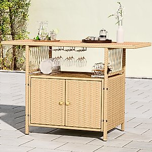 YITAHOME XL Outdoor Storage Cabinet Patio Wicker Bar Table w/Plastic Wood Tabletop, Wine Glass Holders and Built-in Bottle Opener, Light Brown