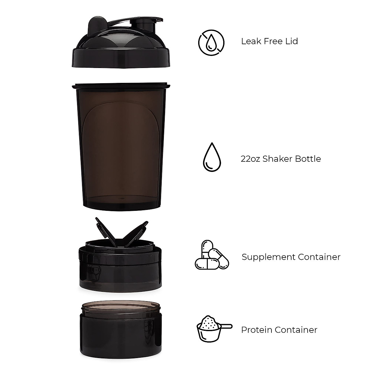GOMOYO [2 Pack] 20-oz Shaker Bottle with Attachable Storage Compartments (White & Black - 2 Pack) | 20 Ounce Protein Shaker Cup with Mixing Agitator