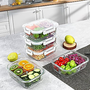 KOMUEE Glass Meal Prep Containers 3 Compartment with lids, 5 Pack 36 oz, Airtight Food Storage Glass Lunch Bento Box, Dishwasher and Microwave Safe,White