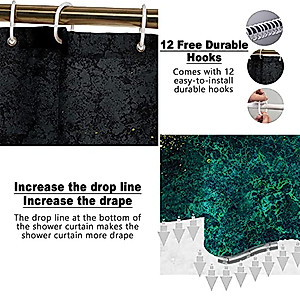 Poedist 4 Pcs Gold Edge Marble Bathroom Shower Curtain Set, Bathroom Sets with Shower Curtain and Rugs(Bath Mat,U Shape and Toilet Lid Cover Mat) and 12 Hooks-Green