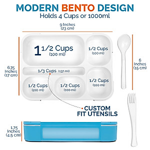 kinsho Bento Box Lunch-Box for Kids Adults | Kid Snack Lunch Containers | Leakproof School Bentobox 6 Compartment Leakproof Container for Boys Girls Womens Lunches | Utensils | Blue Set