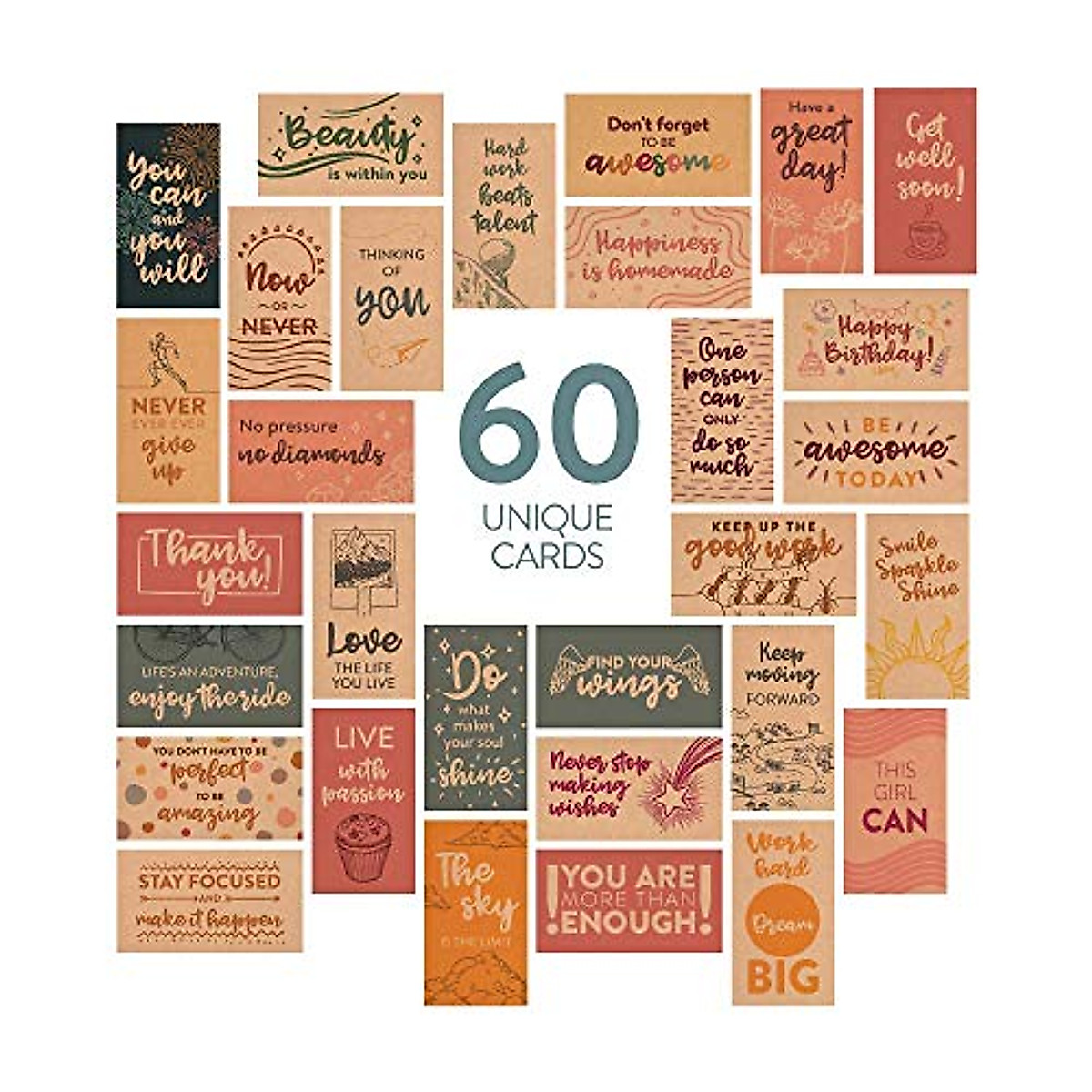 DiverseBee 60 Pack Assorted Inspirational Kraft Cards - Motivational Kindness Mini Note Cards, Encouragement Affirmation Card Set, 60 Unique Motivational Quotes - Business Card Size and Blank Back (Kraft)