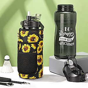 Half Gallon Water Bottle with Storage Sleeve BPA Free 64 OZ Water Bottle with Removable Straw & Time Marker to Drink Leakproof Reusable Gym Sport Water Jug Motivational Workout Water Bottle Women Men