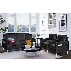 TYBOATLE Modern PU Leather Living Room Furniture 3 Pieces Sectional Sofa Couches Sets, Loveseat w/ 2 USB Charging Ports and Comfy Accent Arm Chairs for Small Space, Apartment, Office, Studio (Black)