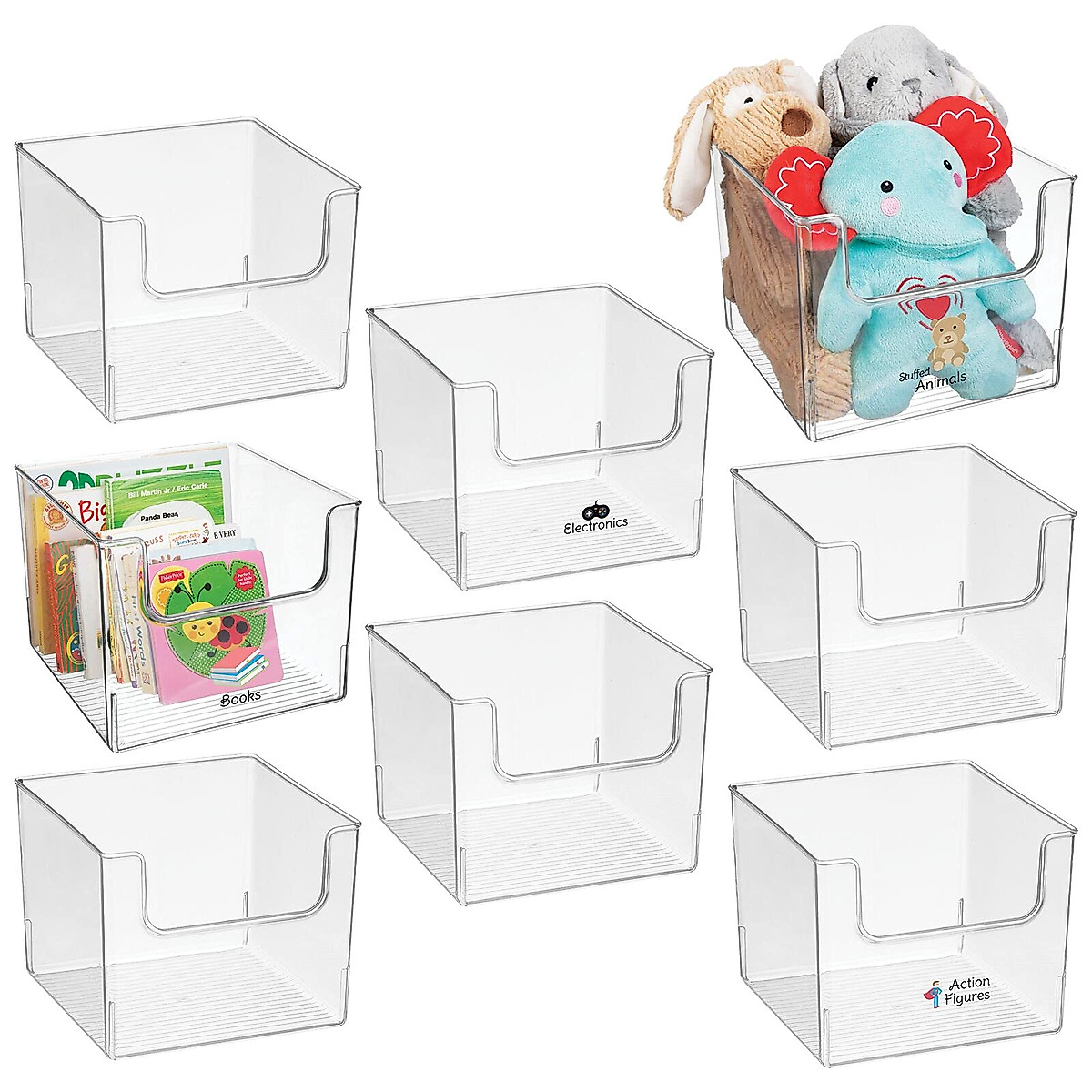 mDesign Deep Plastic Home Storage Organizer Bin - Container for Nursery, Kids Bedroom, Toy or Playroom - Open Front Design - 8 Bins + 24 Labels - Clear
