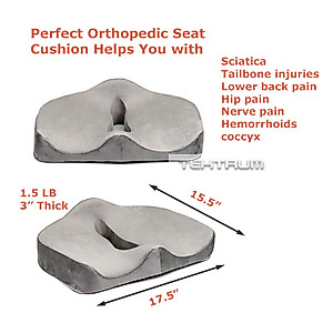 Tektrum Orthopedic Cool Gel Enhanced Seat Cushion, Gel Memory Foam Coccyx Cushion for Back Pain, Sciatica, Tailbone, Prostate, Sitting Long Hours - Office, Home, Car, Plane, Wheelchair (TD-02NJ-GREY)