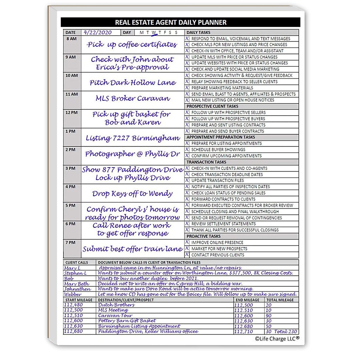 Real Estate Agent Supplies - Daily Planner Task List Notepad. Simple one page document with calendar, task lists, call and mileage log. Keep organized & focused on selling real estate. 8.5 X 11
