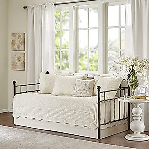 Madison Park Tuscany Daybed Cover Set-Trendy Damask Quilting with Scalloped Edges All Season Luxury Bedding with Bedskirt, Matching Shams, Decorative Pillow, Cream, 39"x75", 6 Piece