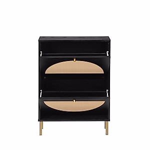 ZeHuoGe Natural Rattan Shoe Cabinet with 2 Flip Drawers, Entrance Hallway Slim Entryway Shoe Organizer, Black Shoe Rack Storage Cabinet for Modern Heels, Boots, Slippers (Black)