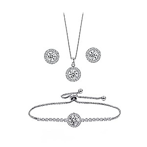 UDYLGOON Round Earrings Necklace Bracelet Jewelry Set For Women Bridal Bridesmaid Party Prom Daily (Silver)