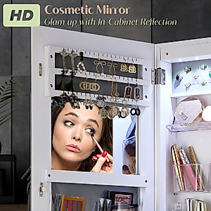 YOKUKINA LED Mirror Jewelry Armoire Wall & Door Mounted - Full length mirror jewelery cabinet w/Large Lockable Mirror Organizers and Storage