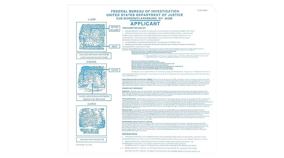 Crime Scene FBI Fingerprint Cards FD-258 Pack of 250 for Employment ...