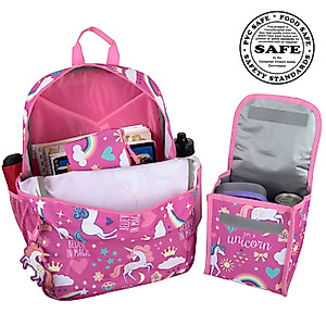 Trail maker Girls 6 in 1 Backpack and Lunch Box Set for School with Pencil Case, Water Bottle, Fidget Keychain Attached for Kids (Magic & Unicorns)