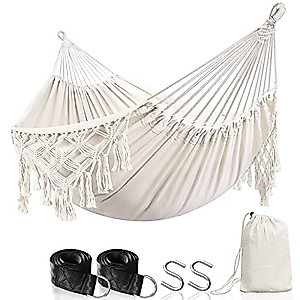 Anyoo Hammock Garden Cotton Hammock Comfortable Fabric Elegant Deluxe Tassels Durable Swing Hammock Up to 450lbs Portable Hammock with Travel Bag,Perfect for Porch Patio Yard Bedroom Outdoor/Indoor