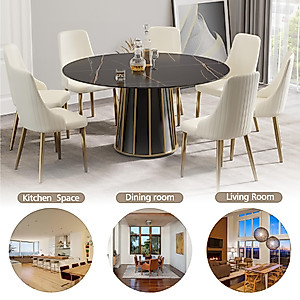 59'' Round Marble Dining Table for 4-6, Black Sintered Stone Circle Kitchen Table Top with Carbon Steel Pedestal, Faux Marble Kitchen Dinner Table for Dining Room/Living Room (Table Only)