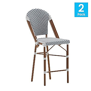 Flash Furniture Lourdes Commercial Grade Bistro Counter Height Stool, Stackable Indoor/Outdoor Dining Stool, 26" High, White/Navy and Bamboo Finish, Set of 2