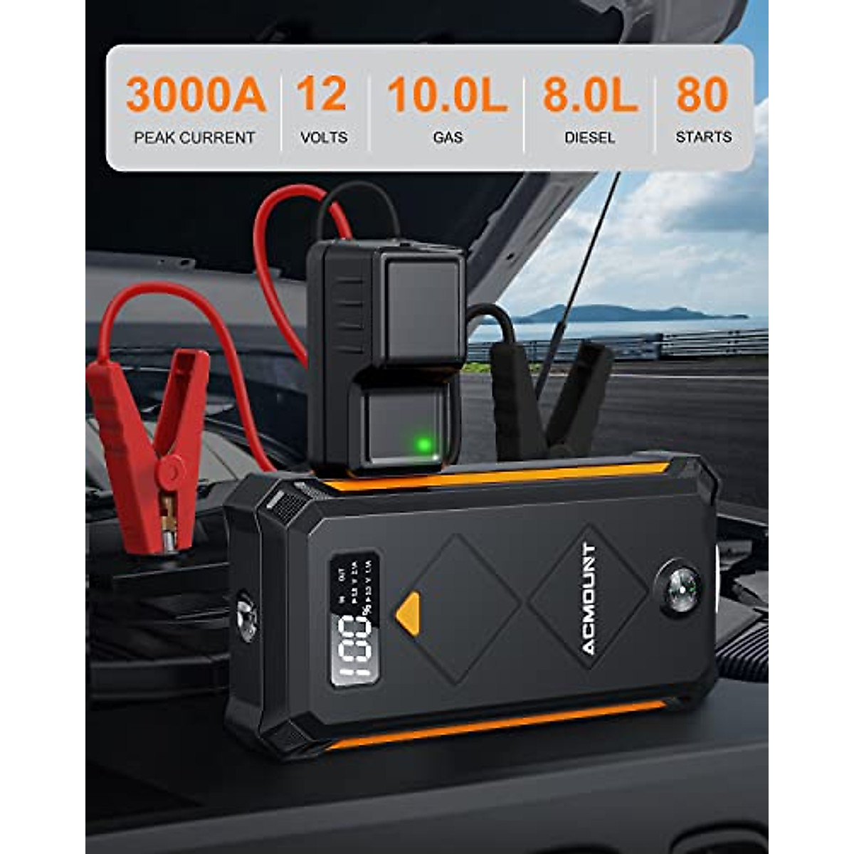 Battery Jump Starter 3000A, [Jump Start All in Seconds] 12V Portable, Compact Jump Starter Battery Pack Up to 10.0L Gas and 8.0L Diesel Engine for Car with LCD and LED Light