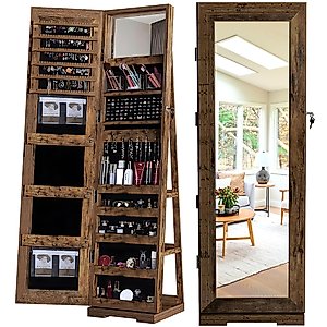 sogesfurniture Lockable Floor Standing Wooden Jewelry Armoire with Full Length Mirror 360°Rotatable Jewelry Organizer Cabinet Lockable with Storage Shelf, Rustic Brown,BHUS-QH-7021C-FG