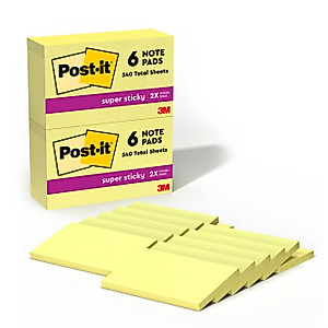 Post-it Super Sticky Notes, 3 in x 5 in, 12 Pads, 2x the Sticking Power, Canary Yellow, Recyclable (655-12SSCY)