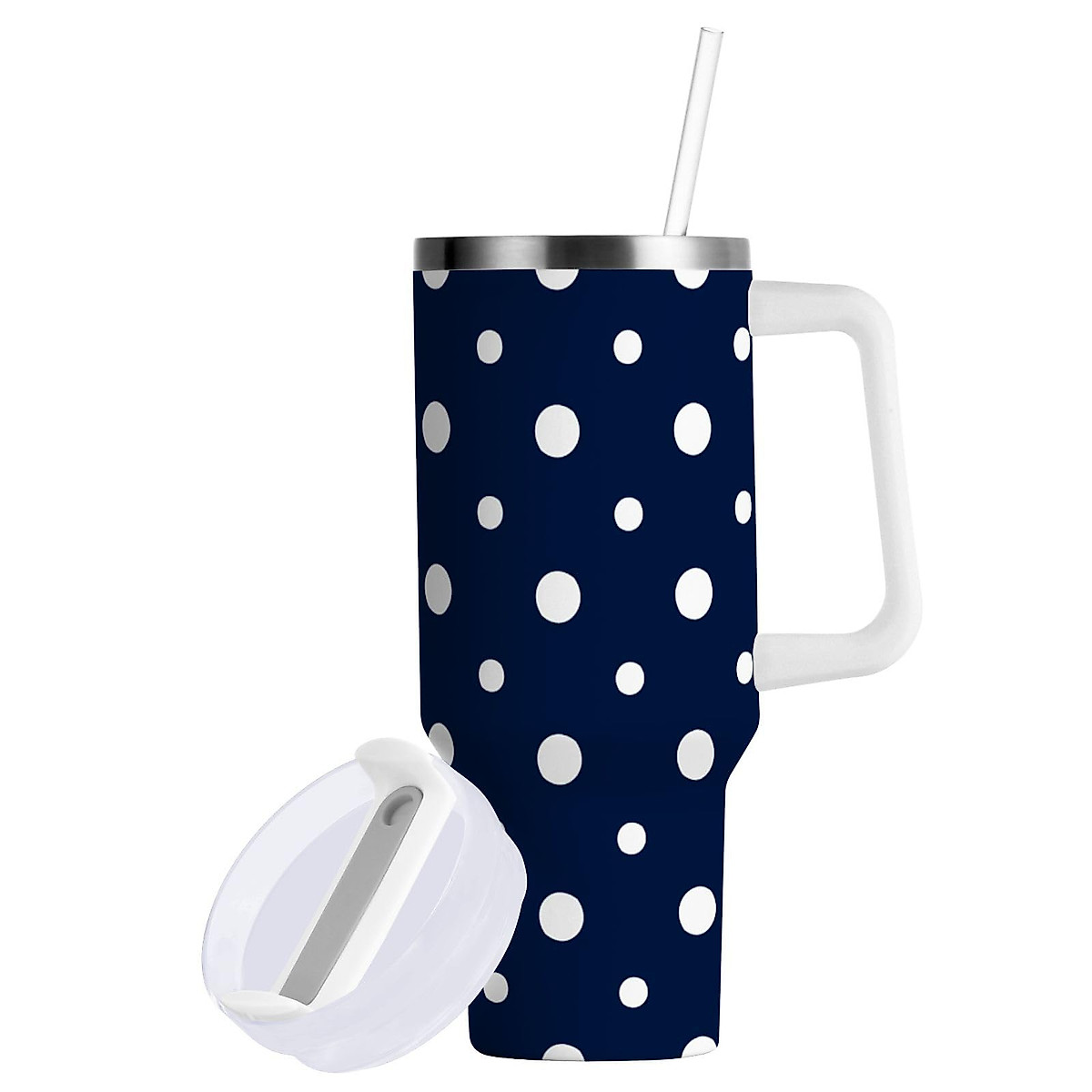 RPLIFE Navy Blue Polka Dots Stainless Steel Mug, Insulated Water Bottle with Straw, Tumbler for Men