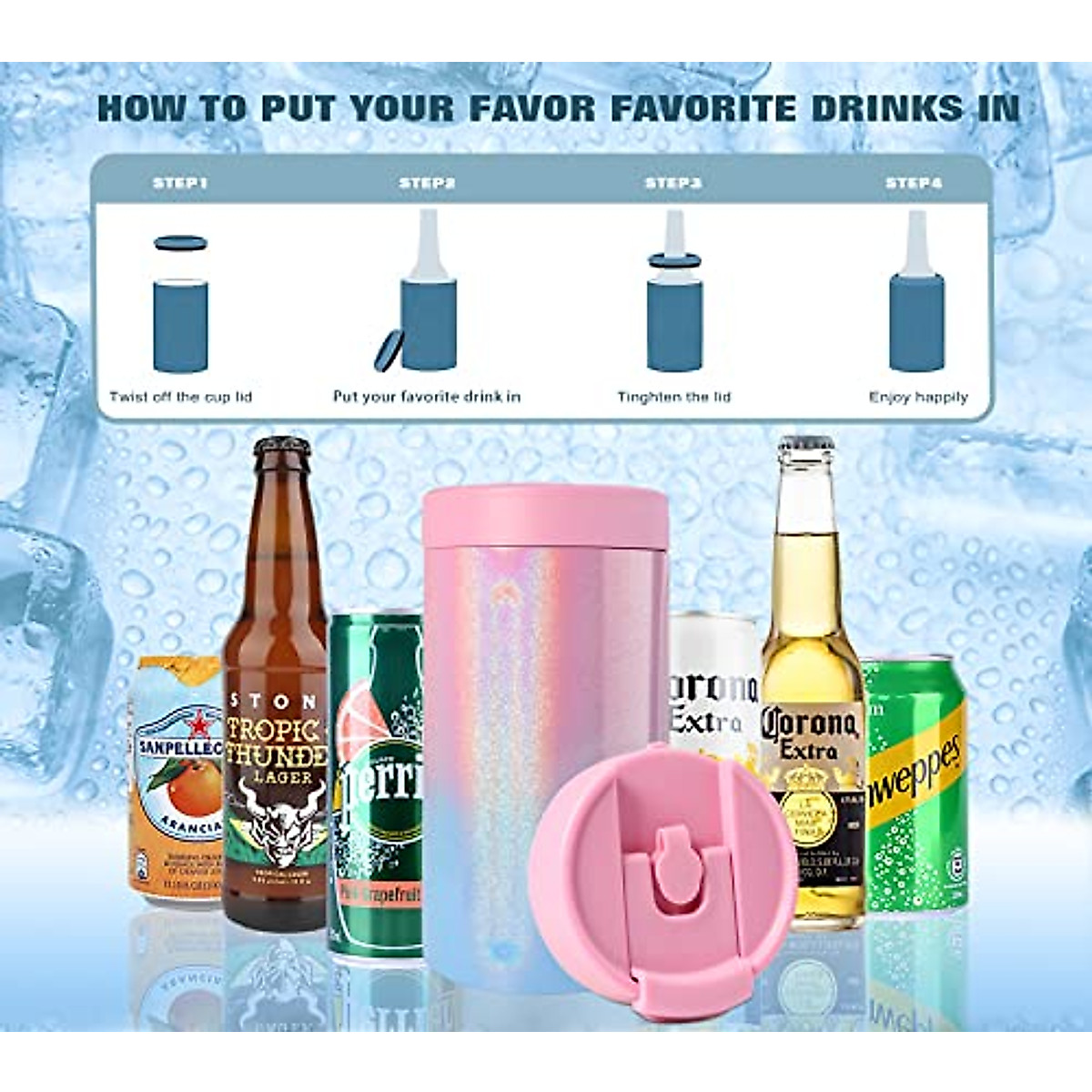 4 in 1 Slim Can Cooler with Lid for 12 OZ Skinny Can, Regular Can & Beer Bottle, Keep Cold for 6 Hours, Double Walled Stainless Steel Vacuum Beverage Can Insulator(Glitter Gradient)