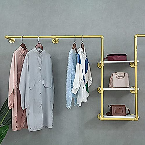 CIVANA Industrial Pipe Clothing Rack Wall Mounted Garment Hanging Bar Retail Display Rack with 3 Tiers Wood Vintage Multi-Purpose Clothes Storage Hanger(Glod, 110'' L)