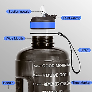QuiFit Motivational Gallon Water Bottle - with Straw & Time Marker BPA Free Large Reusable Sport Water Jug with Handle for Fitness Outdoor Enthusiasts Leak-Proof(Black,1 gallon)