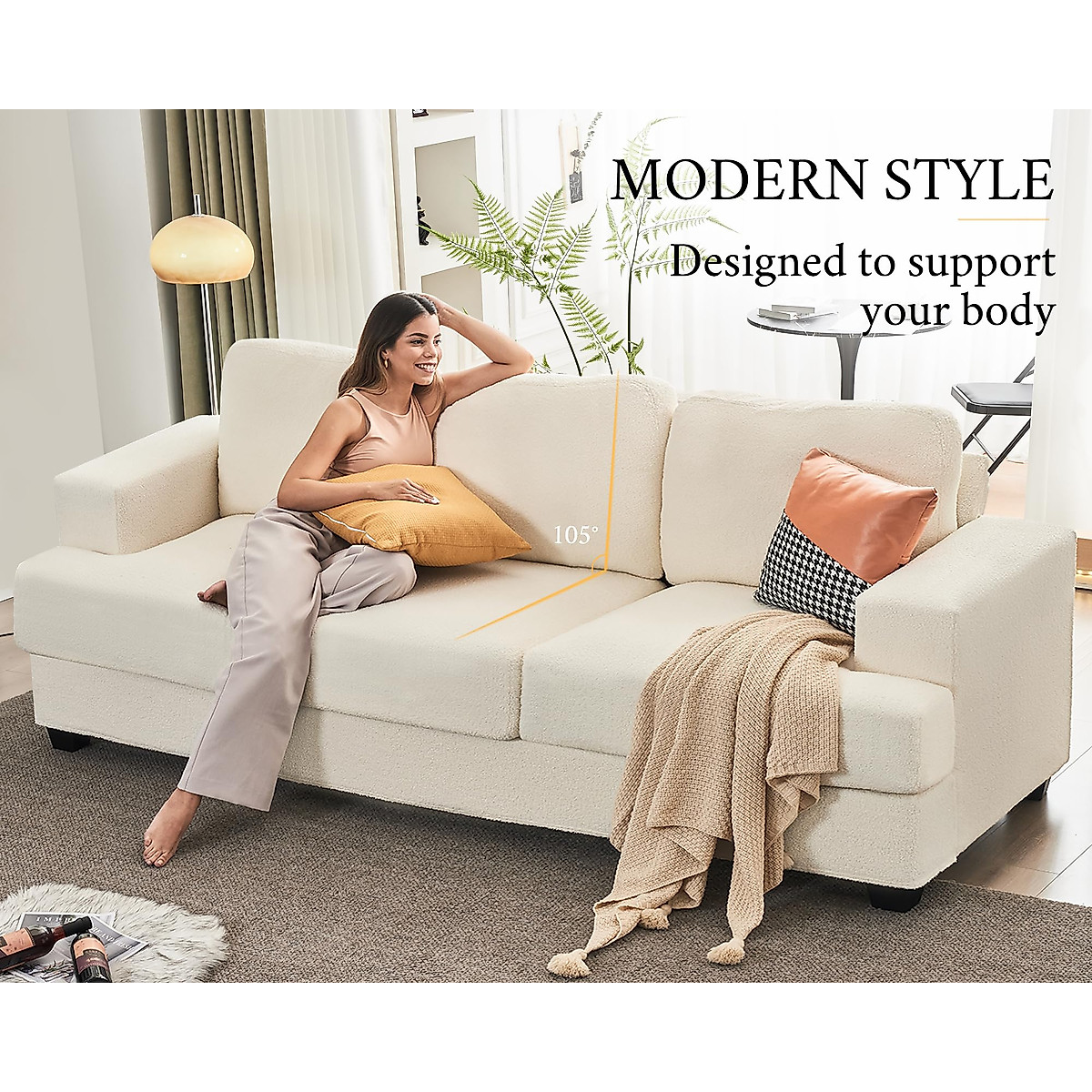 HOWE Couch, Comfy Sofa Couch with 24" Extra Deep Seats, Offwhite Modern Sofa- 3 Seater Sofa Couch for Living Room Apartment Lounge, Bouclé