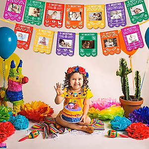 Kreatwow Mexican Photo Banner Fiesta Monthly Banner Papel Picado for 1st Birthday Party Decorations from Newborn to 12 Month