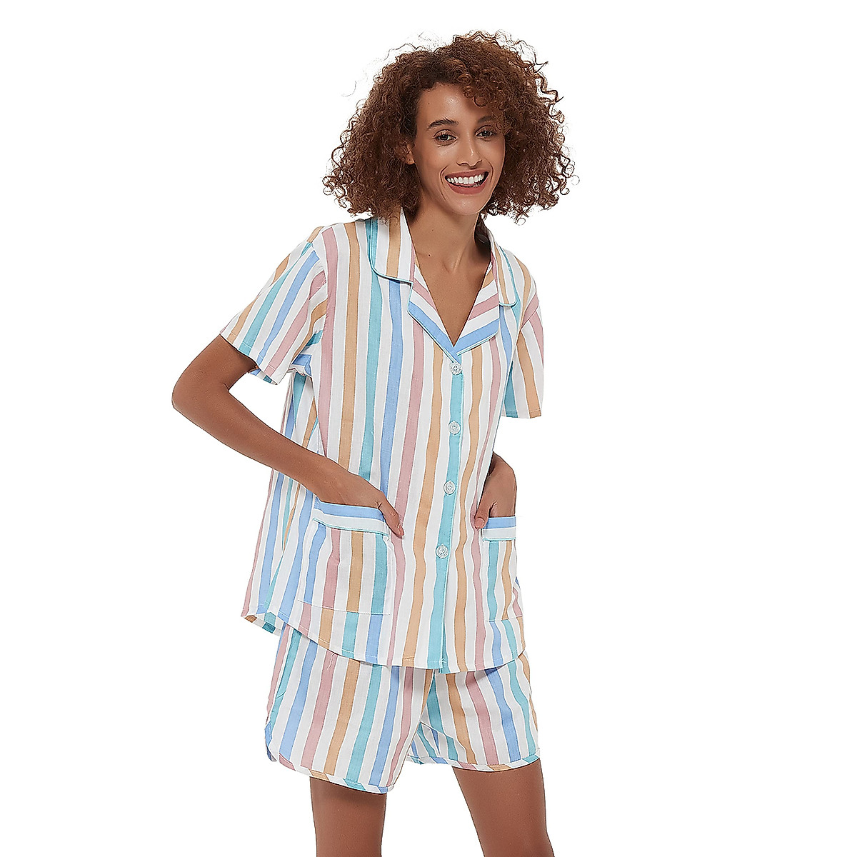 GLOBAL Womens Pajama Set Short Sleeve PJs for Women cotton Pajamas Summer Sleepwear