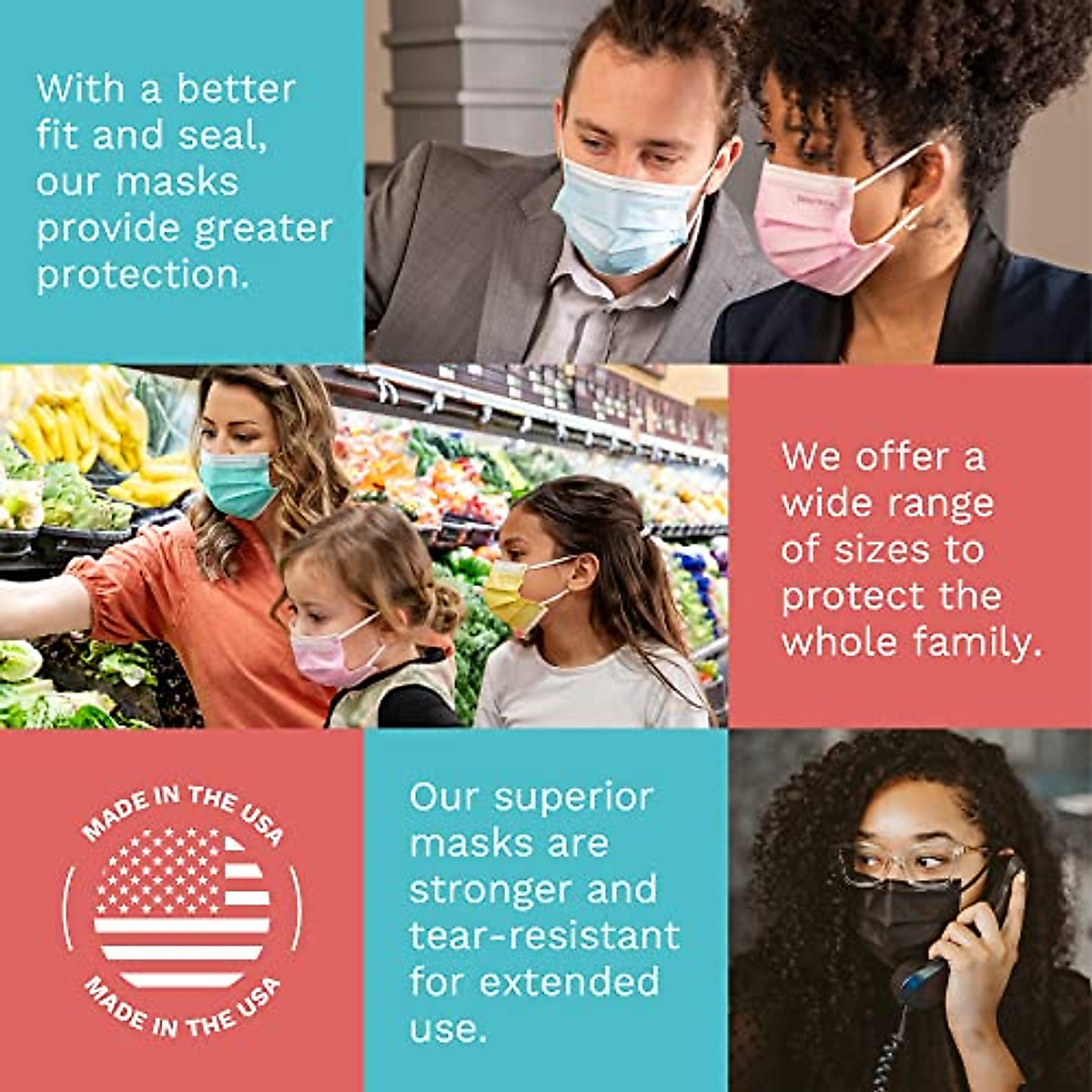 DEMETECH Protective 3-Layer Small Disposable Face Mask with Ear Loops, Made in the USA, Box of 50 (Variety Pack - 50 pack)