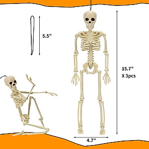 Skeleton Halloween Decoration, 3 Packs 16" Posable Halloween Skeletons, Full Body Posable Joints Skeletons for Halloween Hanging Skeleton Decoration, Haunted House, Graveyard Decorations
