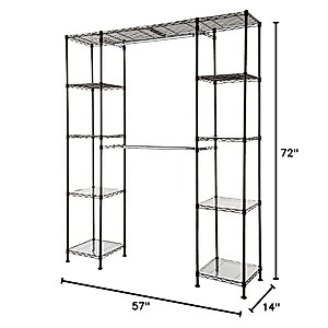 Amazon Basics Expandable Metal Hanging Storage Organizer Rack Wardrobe with Shelves, 57''-80''L X 14''WX72''H, Bronze