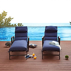 Festival Depot 2 Pieces Patio Outdoor Chaise Lounge Recliner Chairs with Cushions Set Premium Fabric Metal Frame Furniture Garden Bistro Soft Headrests (Blue)