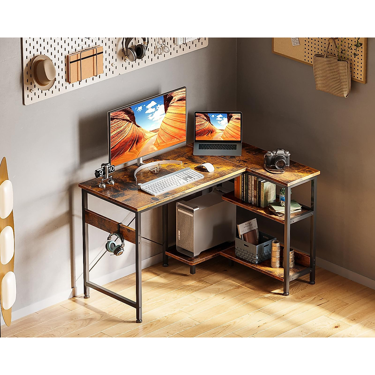 ODK 40 Inch Small L Shaped Computer Desk with Reversible Storage Shelves, Corner Desk with Monitor Stand for Small Space, Modern Simple Writing Study Table for Home Office, Rustic Brown