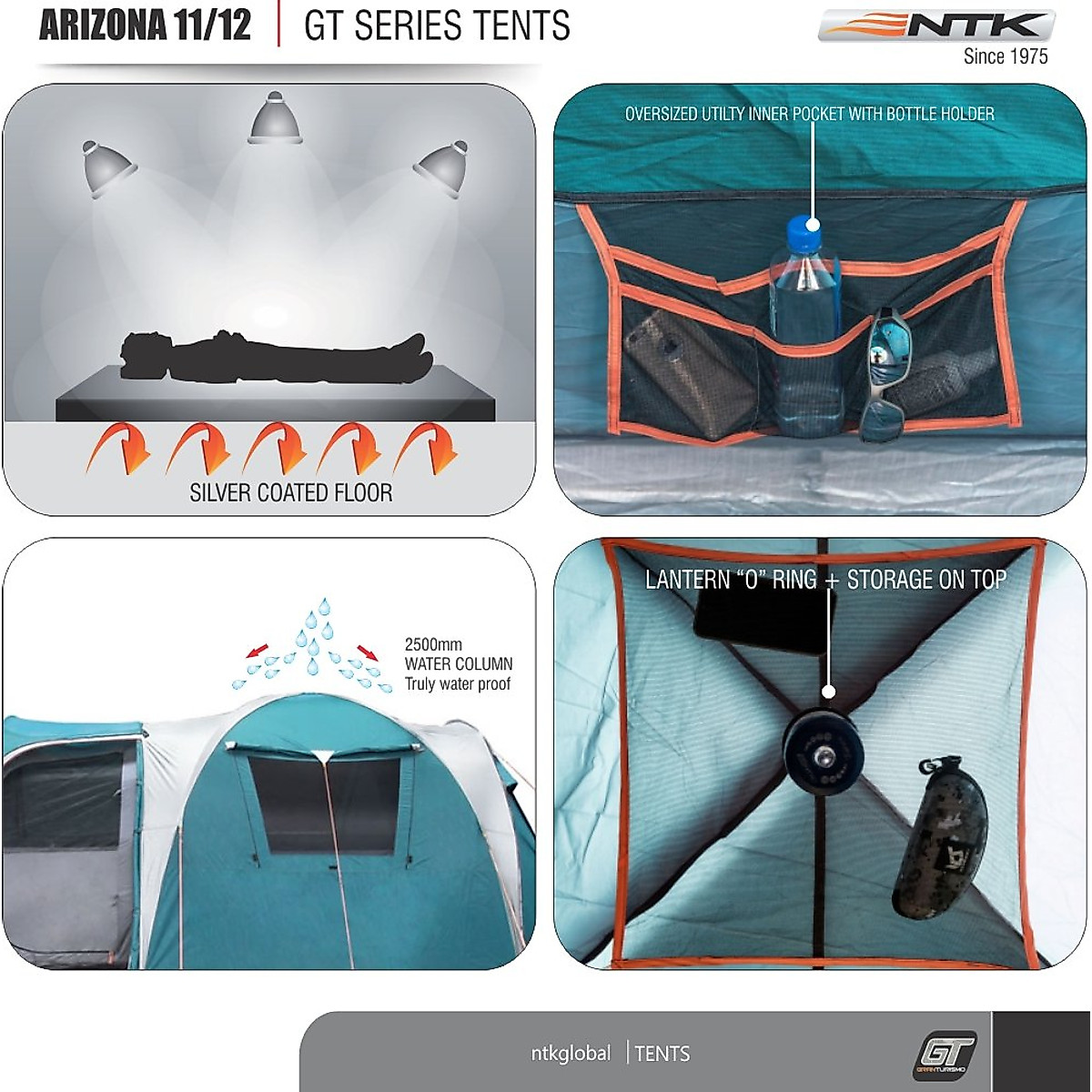 NTK Arizona GT 12 Person Tent for Family Camping | 20.6x10 ft Camping Tent with 2 Rooms, 2 Doors, 100% Waterproof Dome & Breathable Mesh | Outdoor Tent | 2500 mm Warm & Cold Weather Family Tent