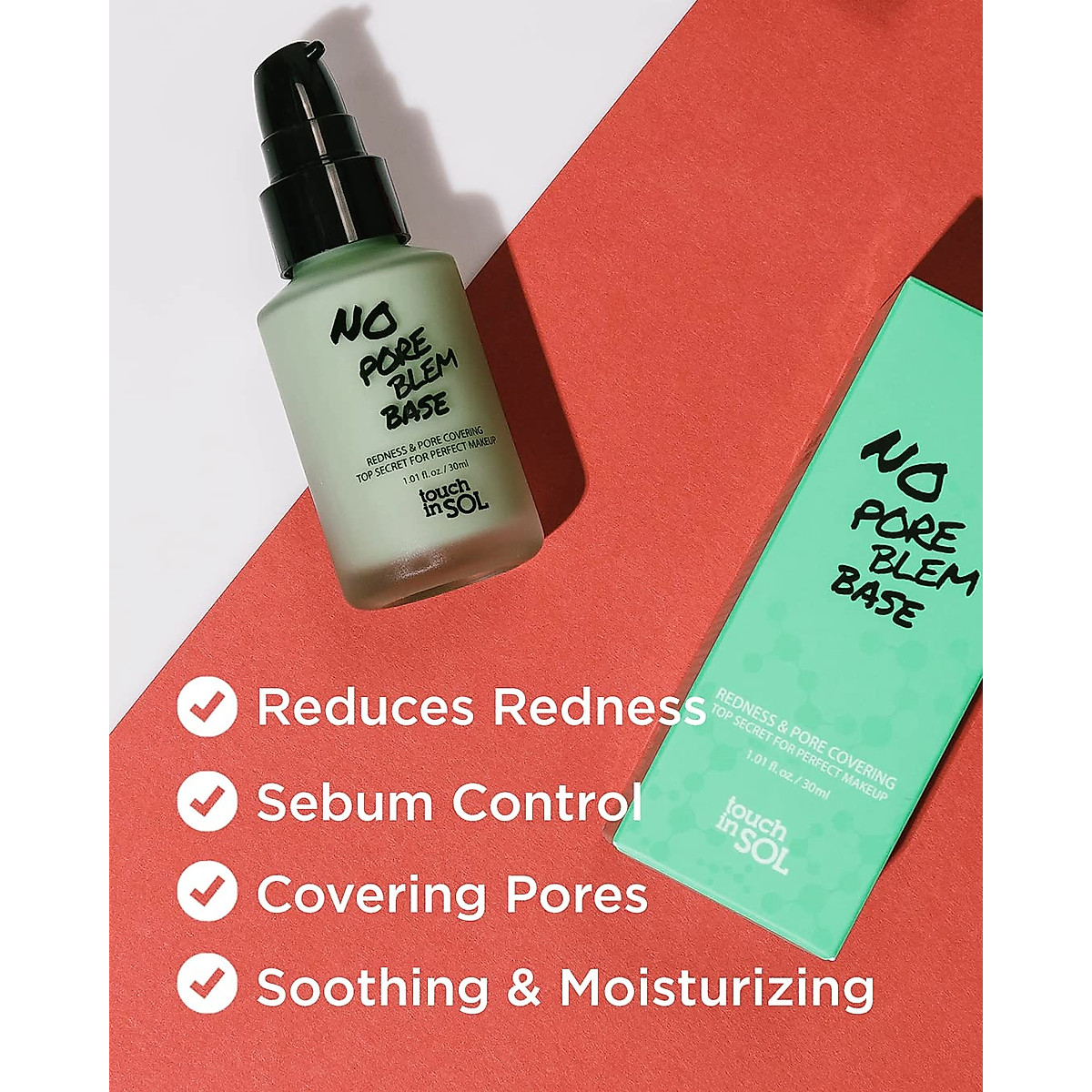 TOUCH IN SOL Redness Correcting Base Primer 1.01 fl.oz. - Pore Minimizing Green Toned Makeup Base - Tone Neutralizing before Foundation - Minimize Rosacea, Redness - No Pore Blem Primer Base