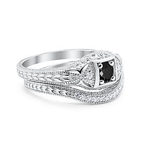 Blue Apple Co. Art Deco Vintage Style Two Piece Wedding Engagement Bridal Set Ring Band Round Simulated Black CZ Cubic Zirconia 925 Sterling Silver Size-9