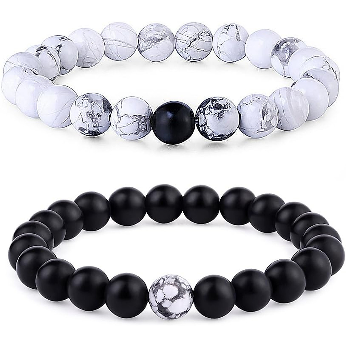 2 Pcs Couple Distance Relationship Bracelets Black Matte Agate & White Howlite Energy Beads Stone Ying Yang Balance Bracelet Banglet for Lovers Touch Bracelets Long Distance Relationship¡­